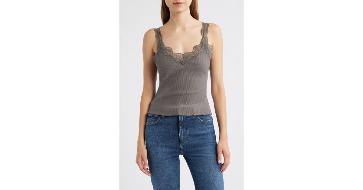 Mango Raven Lace Trim Rib Tank in Gray | Lyst