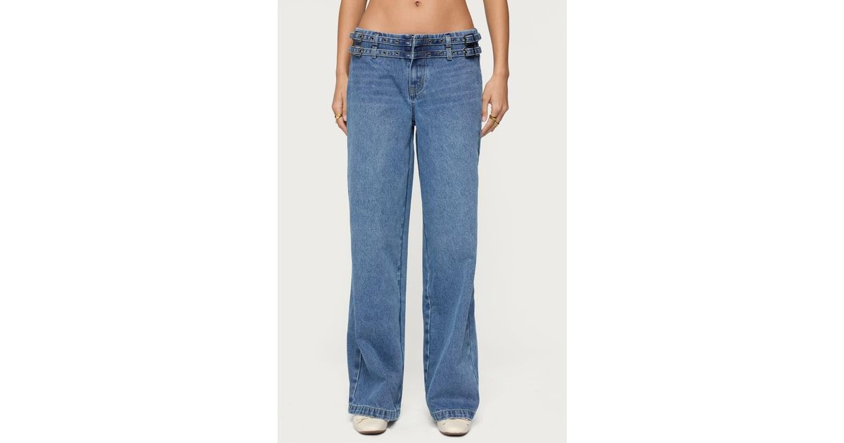 Edikted Livia Double Belted Low Rise Wide Leg Jeans in Blue | Lyst