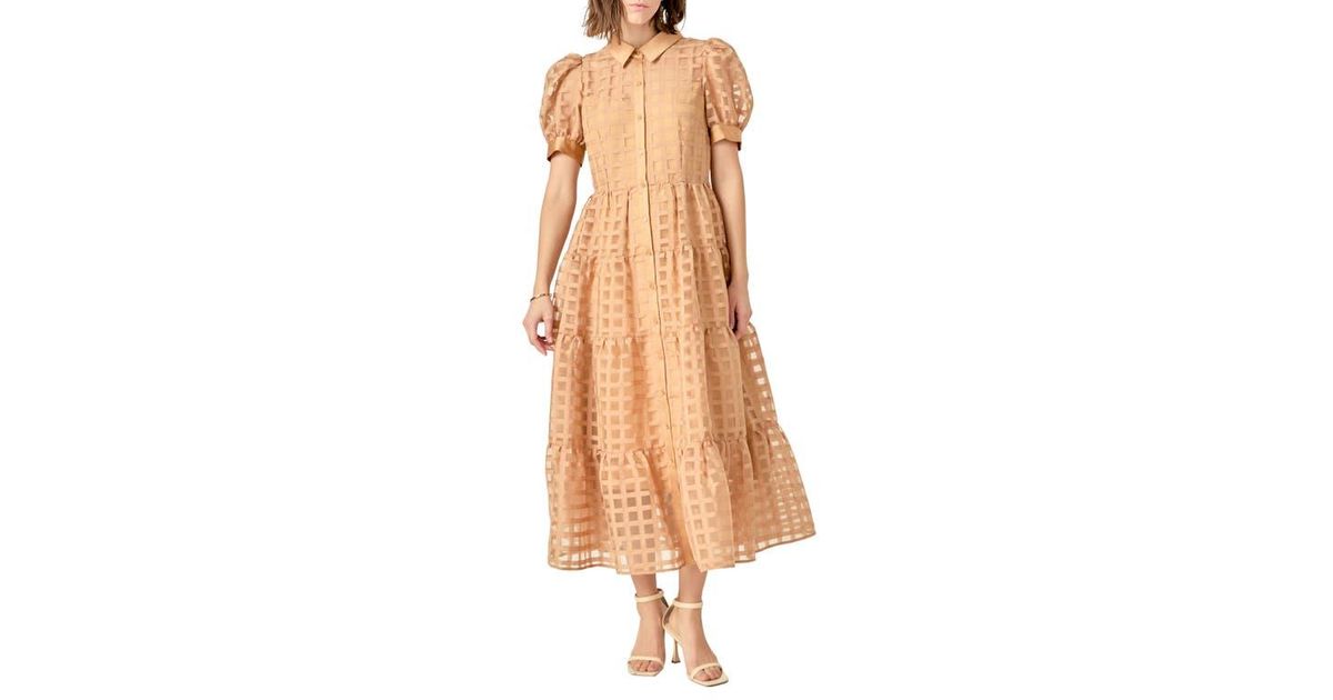English Factory Grid Pattern Tiered Midi Shirtdress in Natural | Lyst