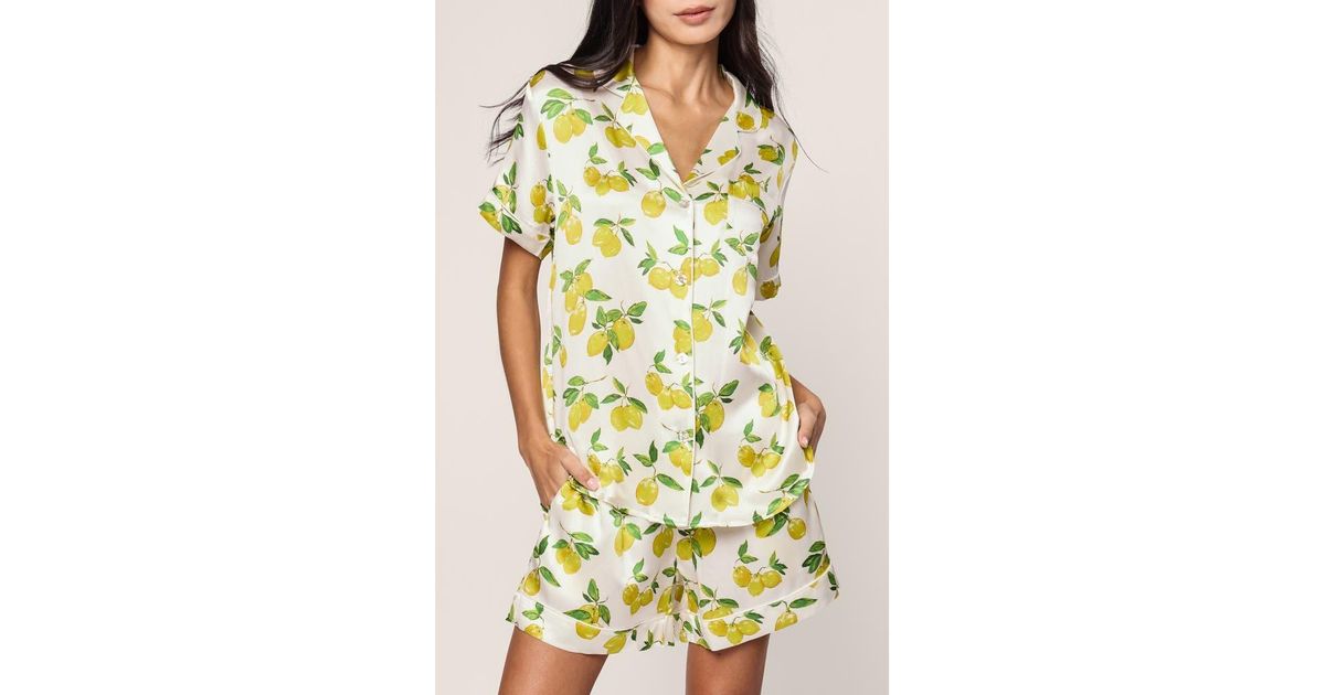 Petite Plume Piped Lemon Print Mulberry Silk Short Pajamas in Yellow | Lyst