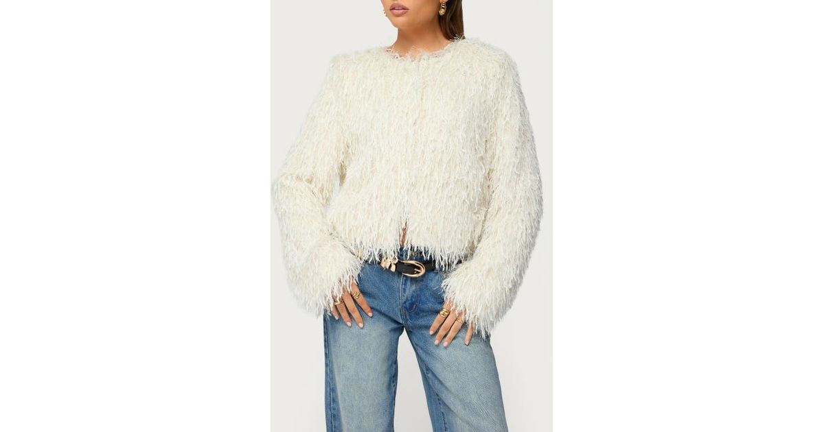 Edikted Aleandra Fringe Faux Fur Crop Jacket in Natural | Lyst