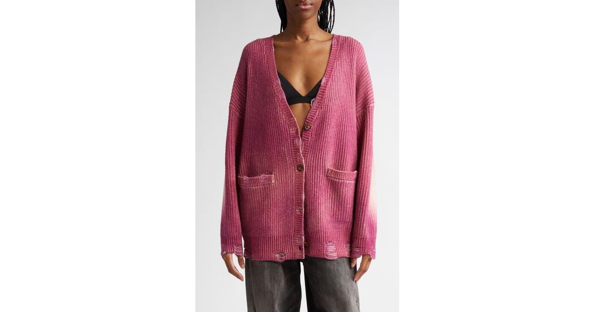 R13 Ripped Oversize Merino Wool Cardigan in Pink | Lyst