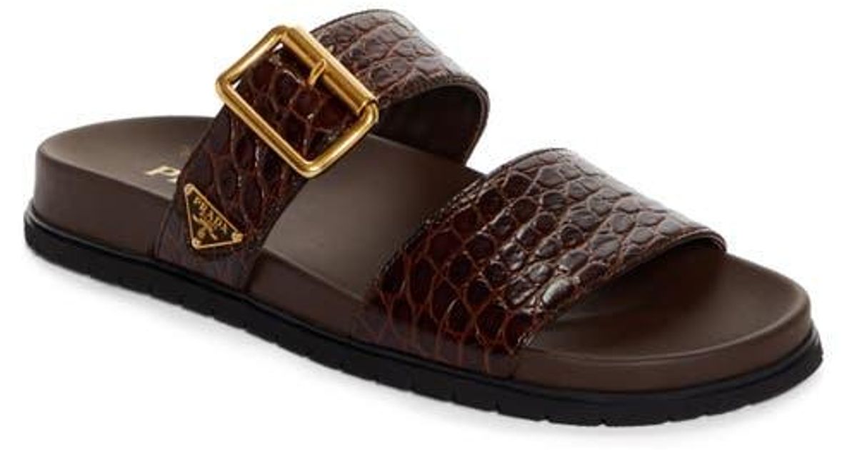 Prada Logo Double Band Slide Sandal in Brown | Lyst