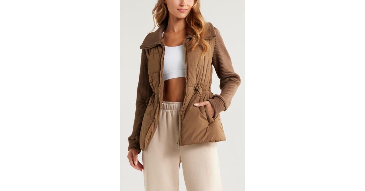 Zella Quilted Rib Mix Hybrid Jacket in Brown | Lyst