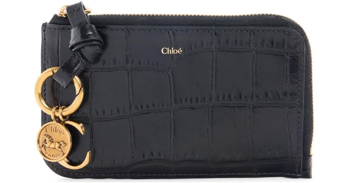Chloé Small Alphabet Zip Croc Embossed Leather Card Holder in Black | Lyst