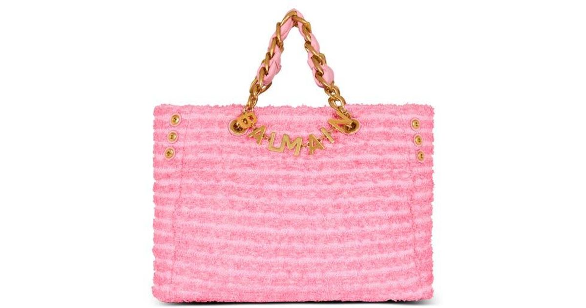 Balmain 1945 Raffia & Tweed Soft Tote in Pink | Lyst
