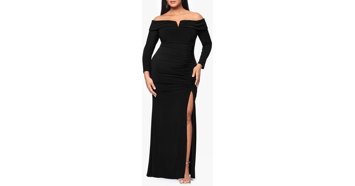 Xscape Evenings Ruched Off The Shoulder Long Sleeve Sheath Gown in ...