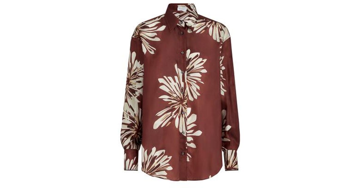 Brunello Cucinelli Bloom Print Pongee Shirt in Red | Lyst
