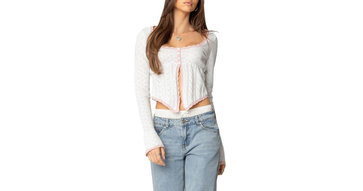 Edikted Abbie Split Front Pointelle Stitch Top in Blue | Lyst