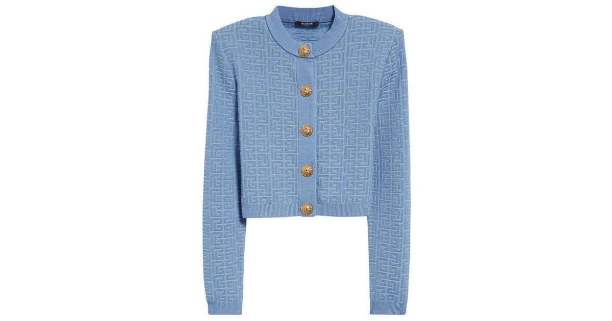 Balmain Glitter Labyrinth Monogram Jacquard Crop Cardigan in Blue | Lyst