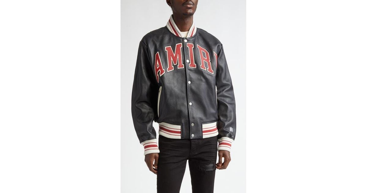 Amiri Varsity Logo Leather Bomber Jacket in Black for Men | Lyst