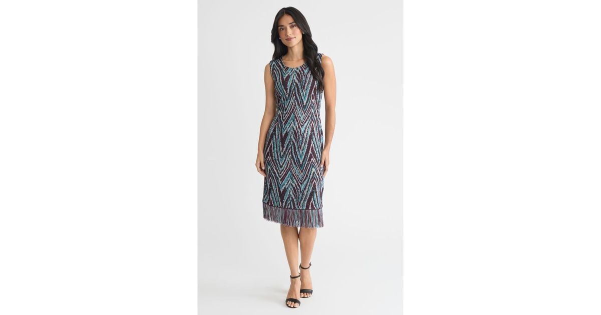 Ming Wang Lurex Fringe Trim Jacquard Knit Sheath Dress in Blue | Lyst