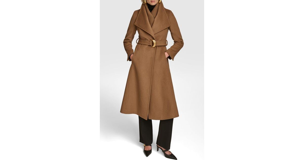 Donna Karan Rib Belted Wool Blend Wrap Coat With Bib in Brown | Lyst