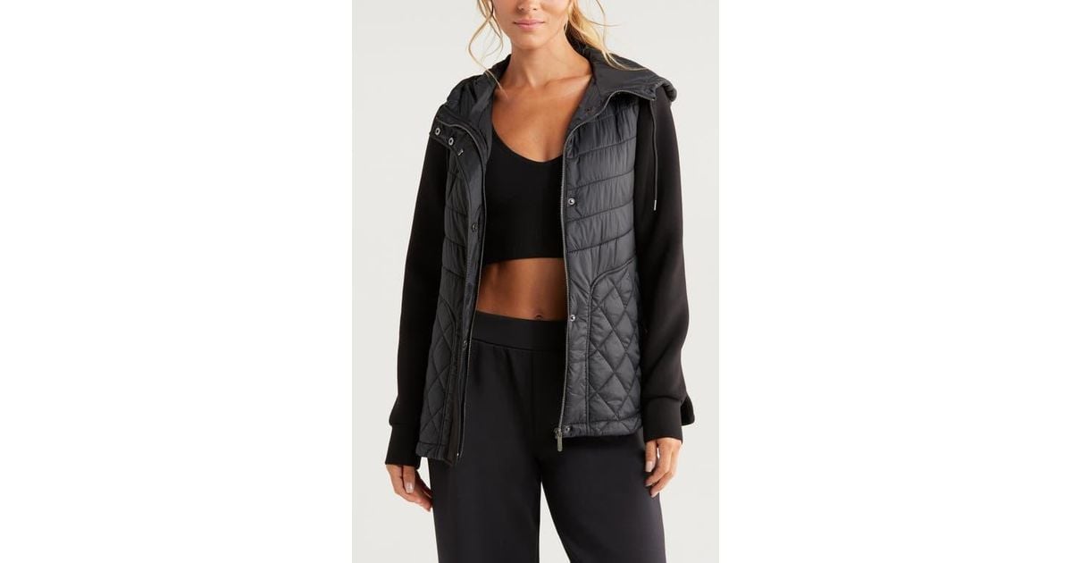 Zella Hybrid Quilted Scuba Hooded Jacket in Black | Lyst
