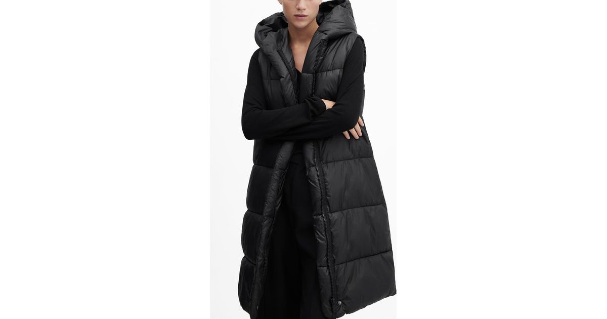 Mango Long Quilted Water Repellent Hooded Puffer Vest in Black | Lyst
