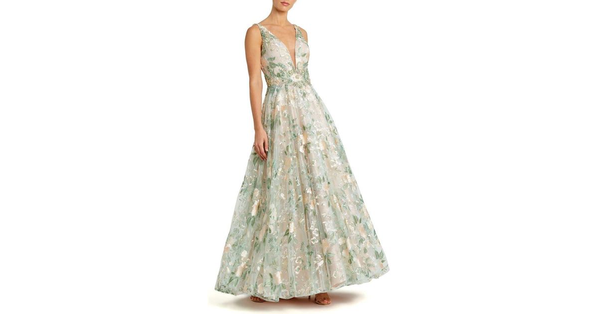 Mac Duggal Floral Embroidered Illusion V-Neck Gown in Green | Lyst