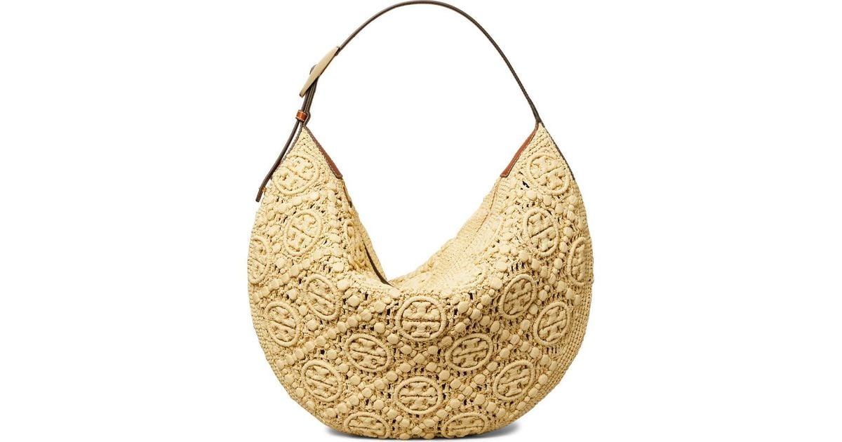 Tory Burch T-Monogram Woven Raffia Straw Shoulder Bag in Metallic | Lyst