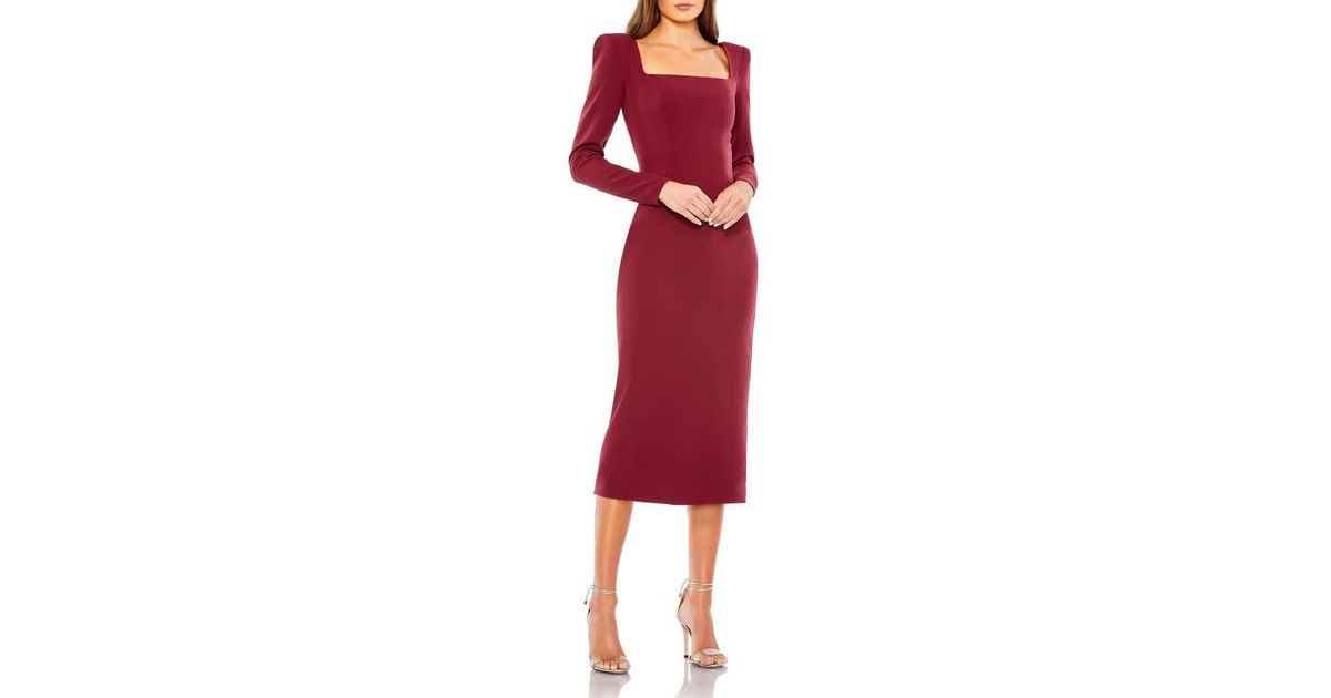 Mac Duggal Square Puff Shoulder Long Sleeve Midi Dress in Red | Lyst
