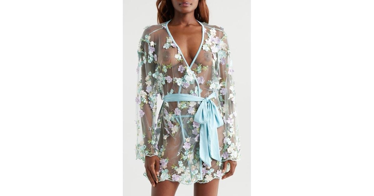 Kilo Brava Floral Embroidered Sheer Mesh Robe in Blue | Lyst