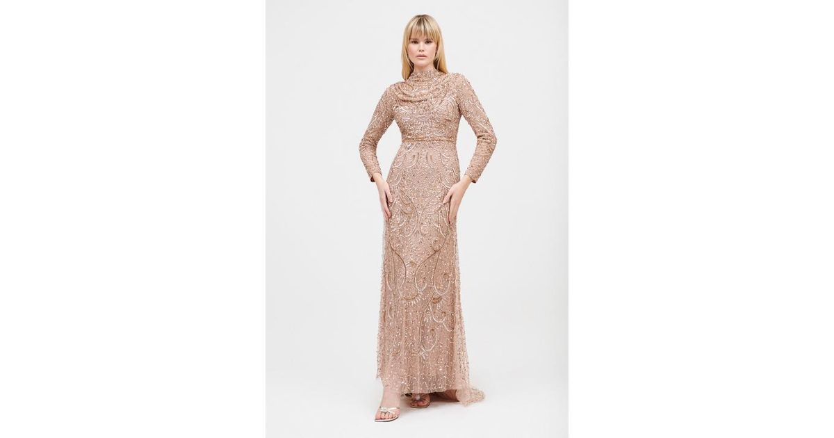 MARYISA Modest Embellished Sequin Beaded Maxi Dress With Cowl Neck And ...