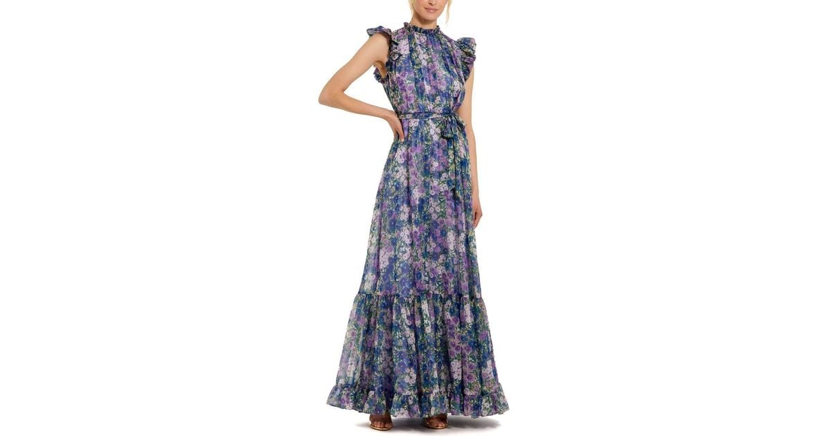 Mac Duggal Belted Floral Chiffon Ruffle Sleeve Gown in Blue | Lyst