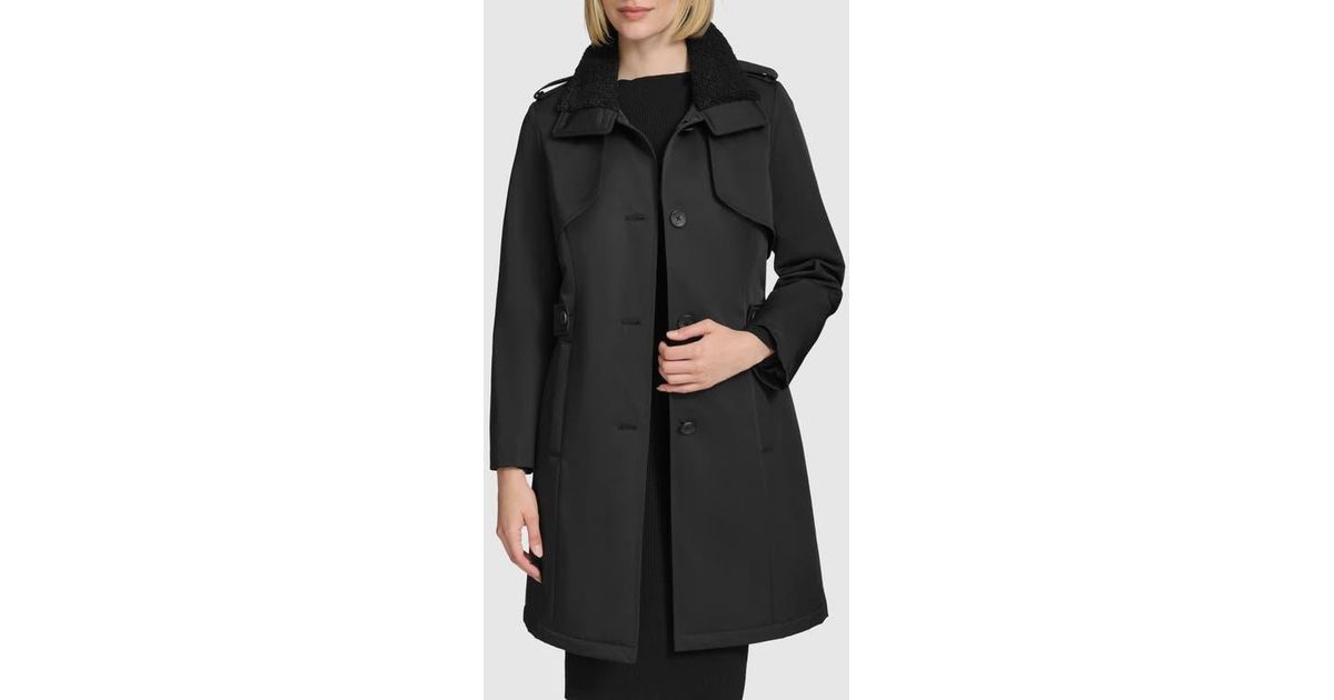 Andrew Marc Teagan Trench Coat With Faux Shearling Trim in Black | Lyst