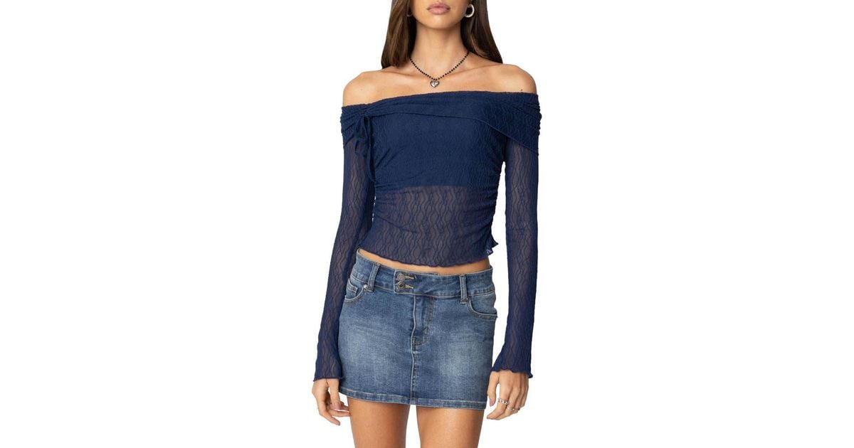 Edikted Off The Shoulder Long Sleeve Sheer Top in Blue | Lyst
