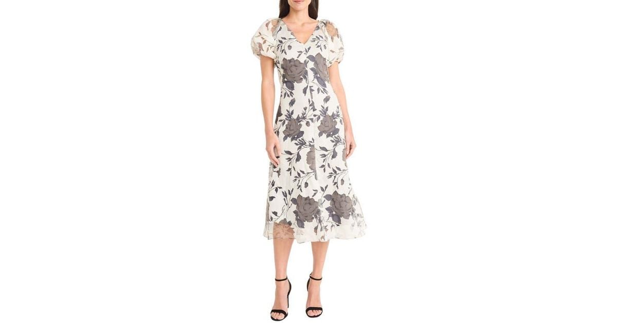 Maggy London Illusion Floral Puff Sleeve Midi Dress | Lyst