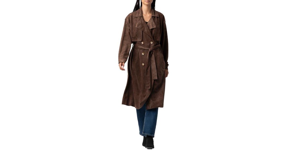 Blank NYC Double Breasted Faux Suede Trench Coat in Brown | Lyst