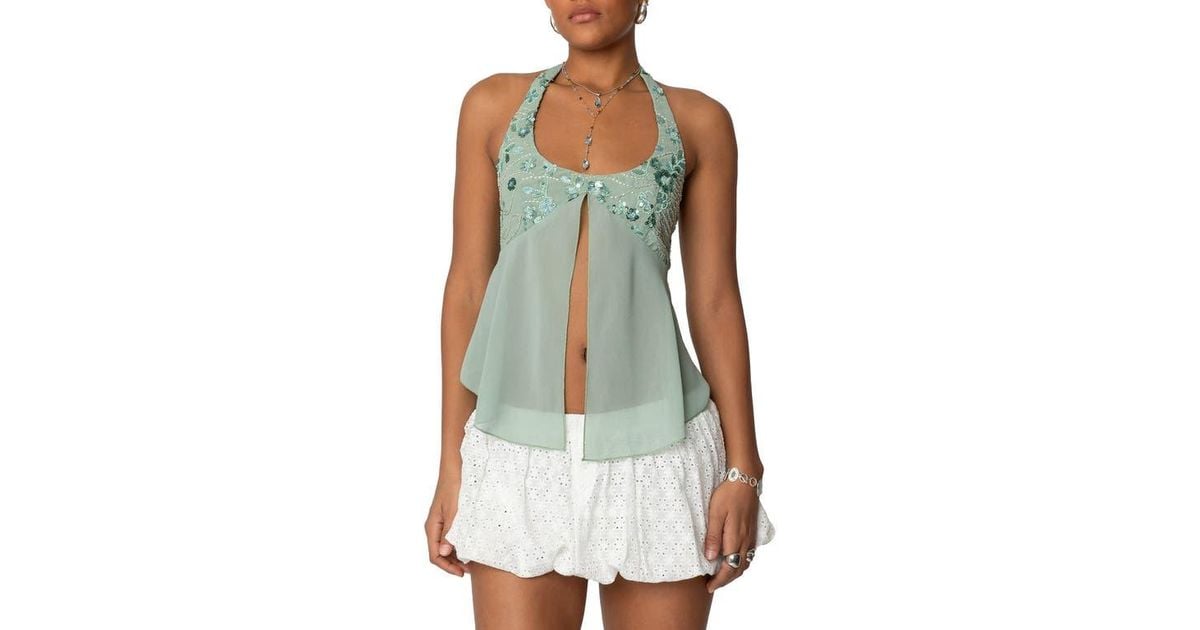 Edikted Floral Sequin Split Chiffon Halter Top in White | Lyst