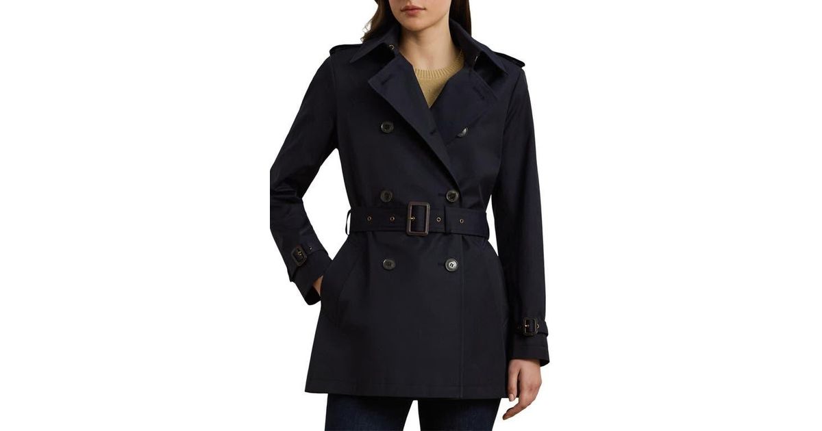 Ralph Lauren Short Double Breasted Trench Coat in Black | Lyst
