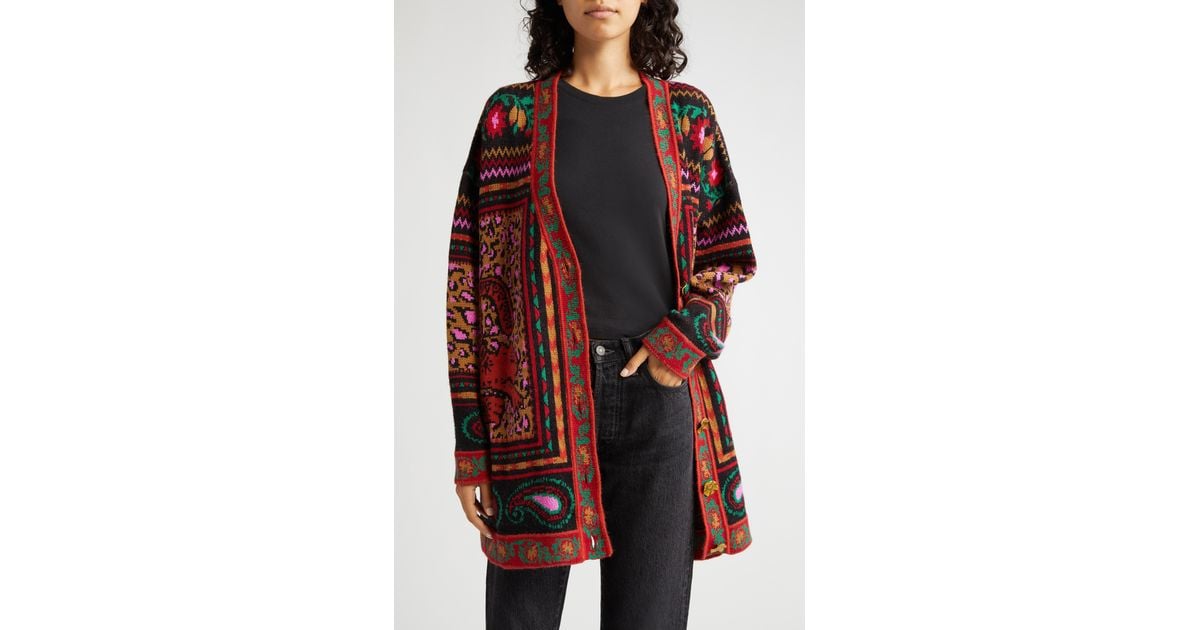 FARM Rio Tapestry Jacquard Cardigan in Red | Lyst