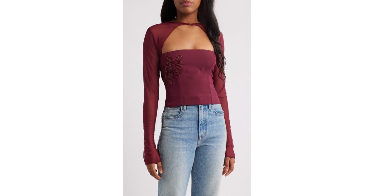 Mistress Rocks Sequin Appliqué Cutout Mesh Crop Top in Red | Lyst