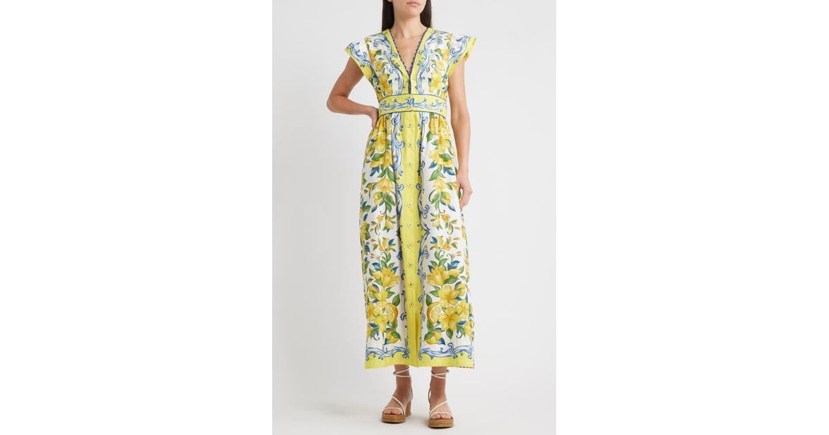 FARM Rio Sicily Scarf Print Cotton Maxi Dress in Yellow | Lyst