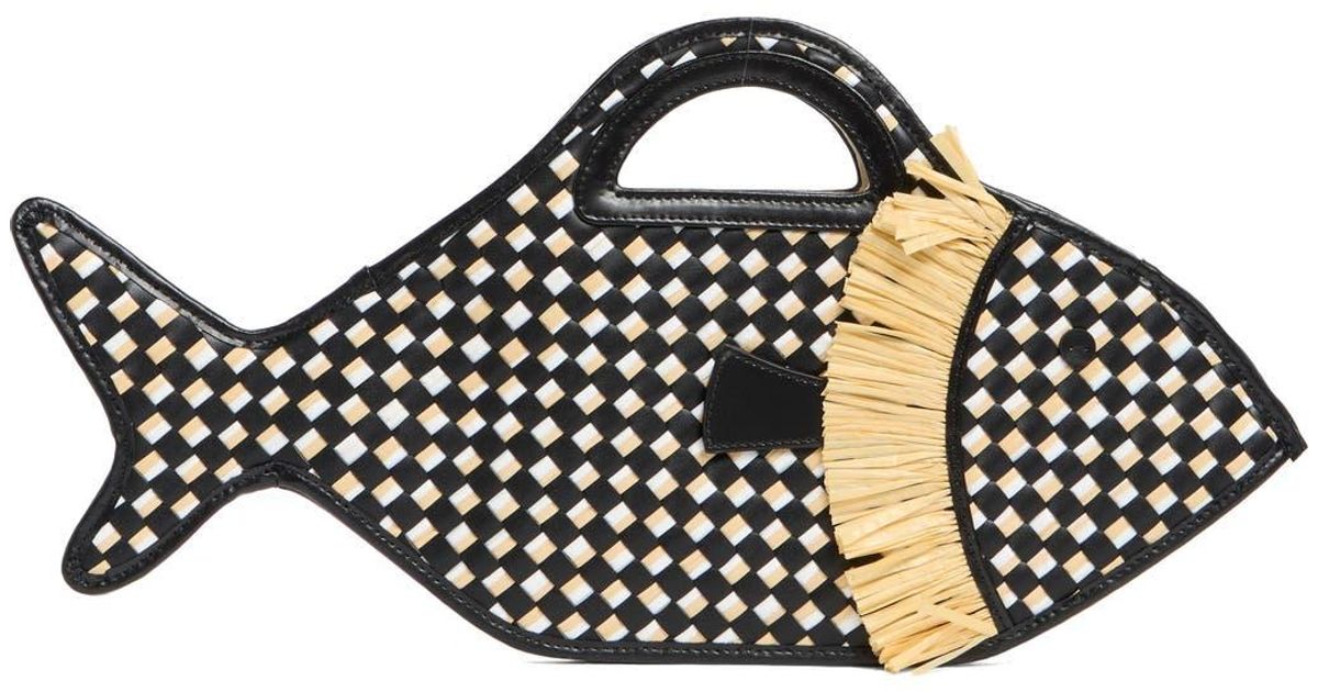 STAUD Cleo Fish Woven Raffia Basket Bag in Black | Lyst