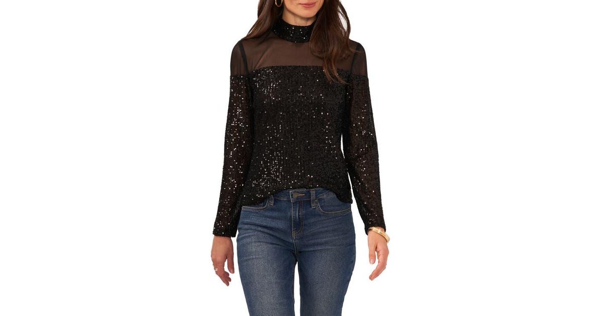 Vince Camuto Illusion Yoke Sequin Mock Neck Top in Black | Lyst