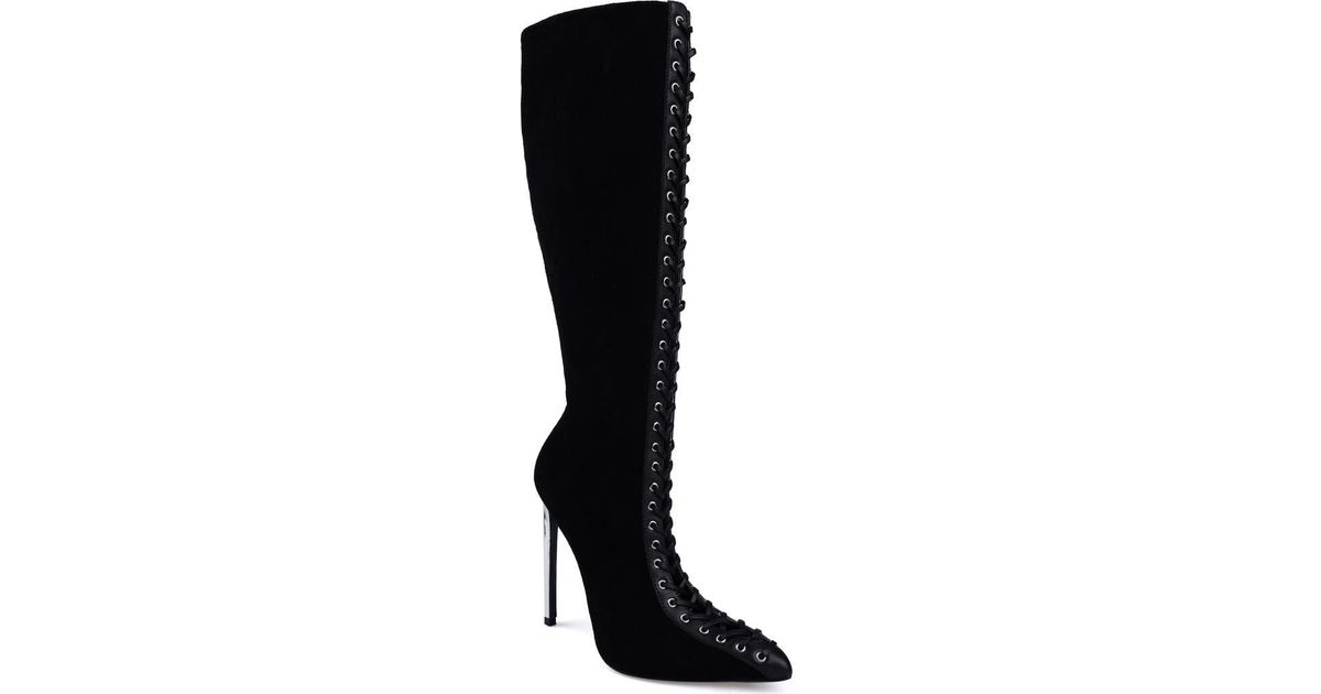 Zigi Rudy Pointed Toe Lace Up Knee High Boot in Black | Lyst