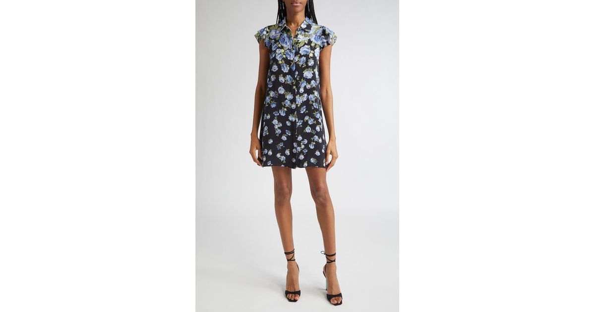 Alice + Olivia Jem Floral Ruffle Sleeve Mini Shirtdress in Blue | Lyst
