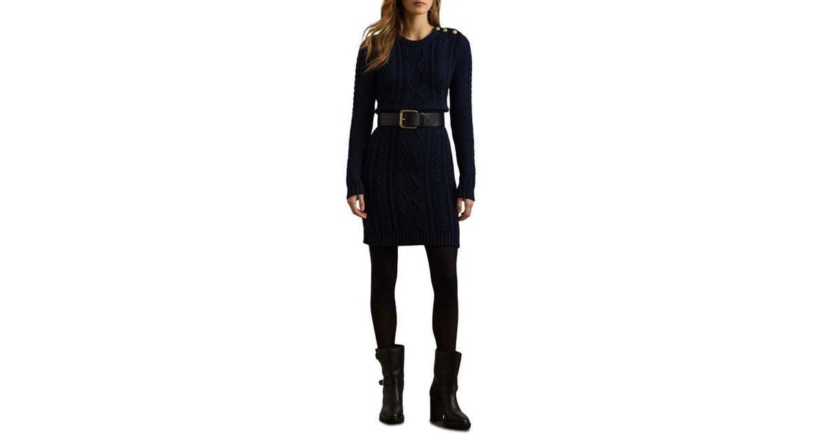 Ralph Lauren Cable Stitch Button Shoulder Long Sleeve Sweater Dress in Black | Lyst