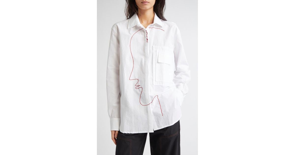 KÚR Hand-Embroidered Face Side Profile Oranbic Cotton Button-Up Shirt ...