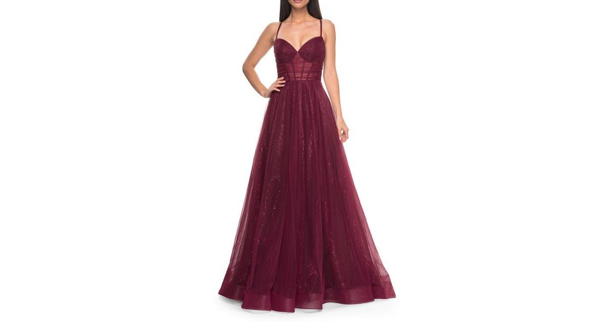 La Femme A-Line Prom Dress With Sequin Lining And Illusion Top in Red ...