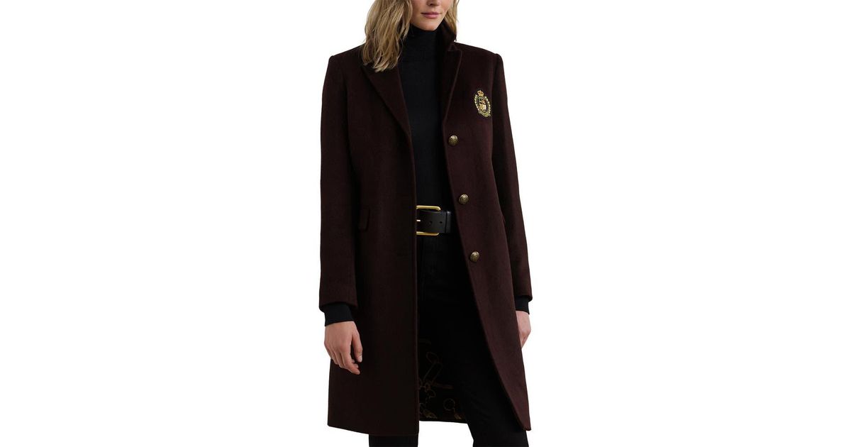 Ralph Lauren Crest Patch Wool Blend Reefer Coat in Black | Lyst