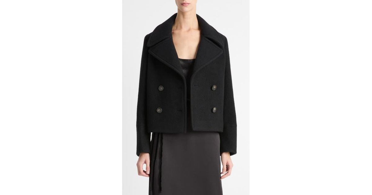 Vince Double Breasted Crop Boiled Wool Peacoat in Black | Lyst