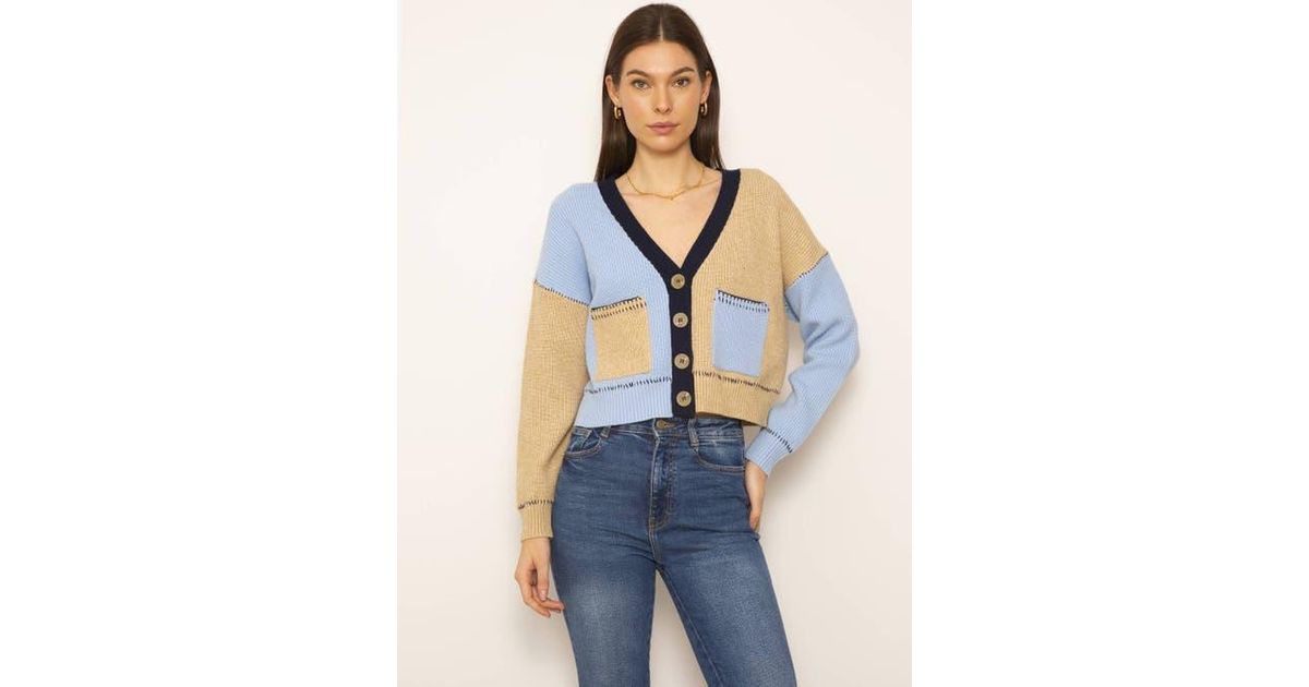 Central Park West Casey Colorblock Cardigan in Blue | Lyst