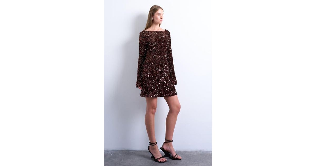 TOPSHOP Sequin Cowl Back Long Sleeve Minidress in Red | Lyst