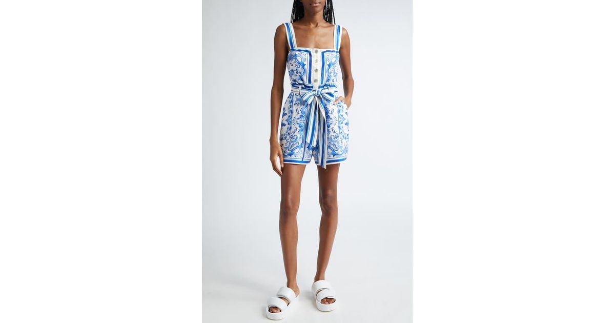 FARM Rio Garden Tiles Tie Belt Button Front Linen Blend Romper in Blue ...