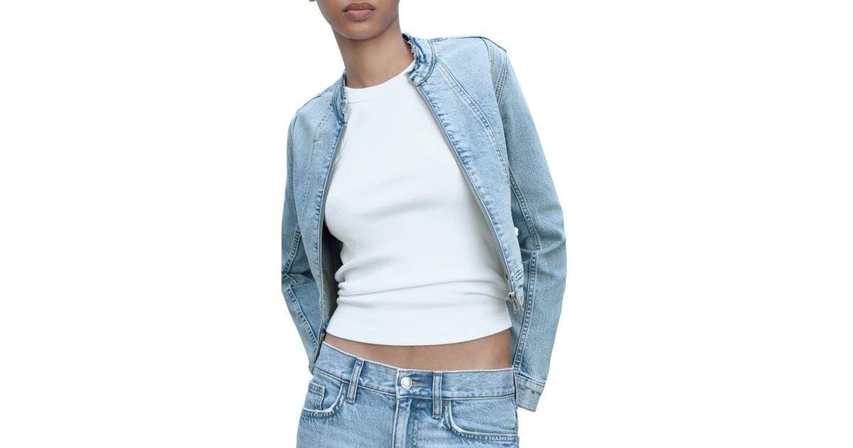 Mango Distressed Zip Denim Jacket in Blue | Lyst