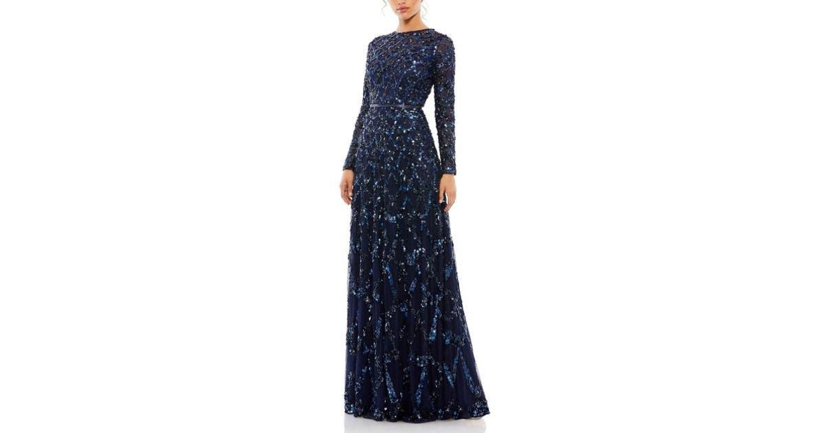Mac Duggal Embellished Illusion High Neck Long Sleeve A Line Gown in Blue | Lyst
