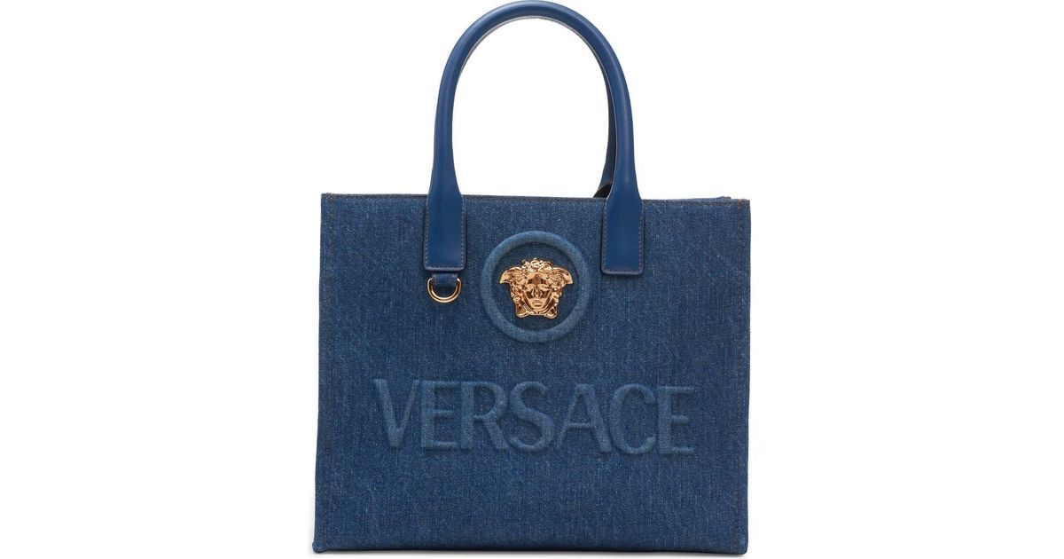 Versace Small La Medusa Denim Tote in Blue | Lyst
