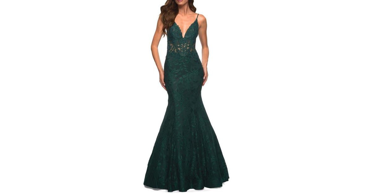 La Femme Mermaid Lace Prom Dress With Sheer Jeweled Bodice in Green | Lyst